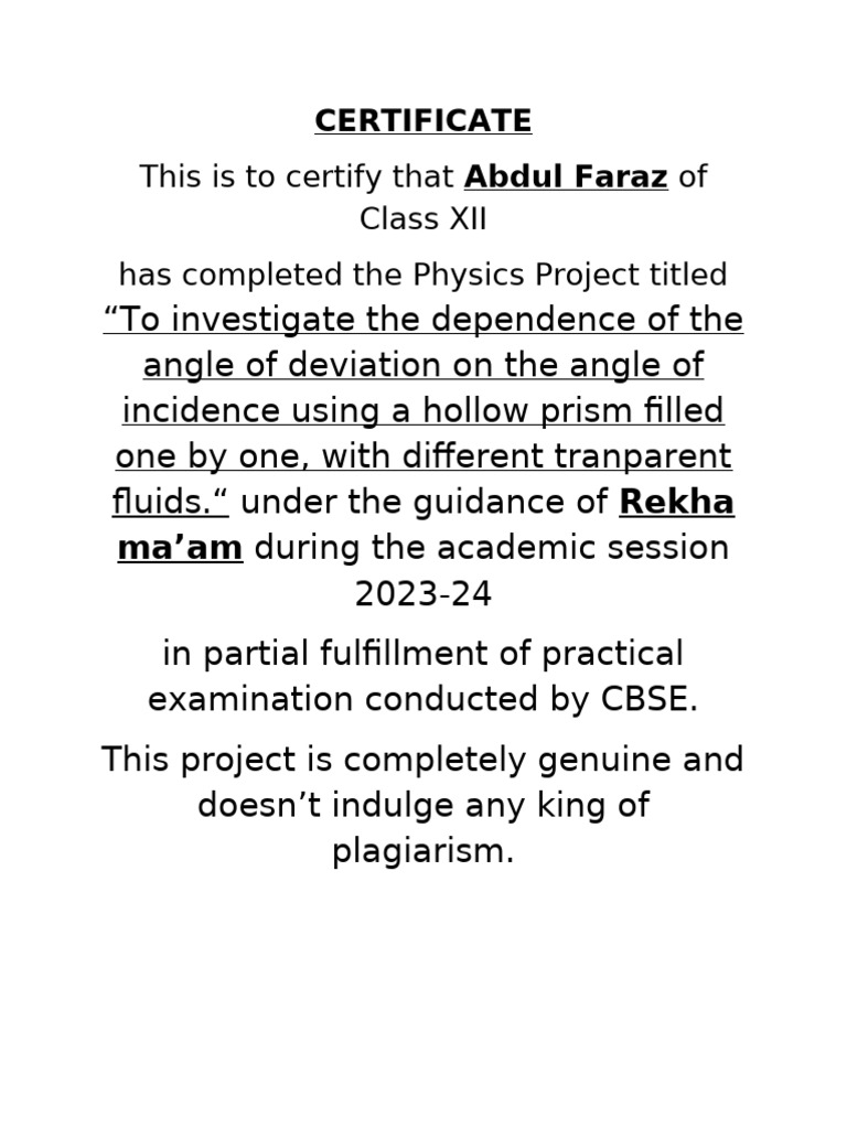 Physics Project Certificate: Angle of Deviation Study | PDF