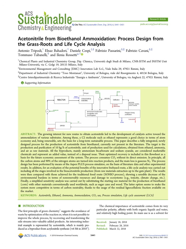 Tripodi Et Al 2018 Acetonitrile From Bioethanol Ammoxidation Process ...