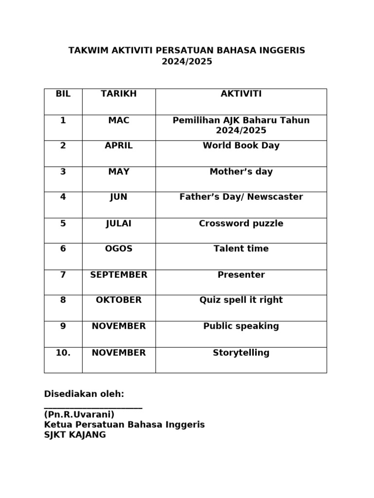 Takwim Aktiviti Persatuan Bahasa Inggeris 2024 | PDF | Seni & Disiplin Bahasa | Kajian Bahasa Asing