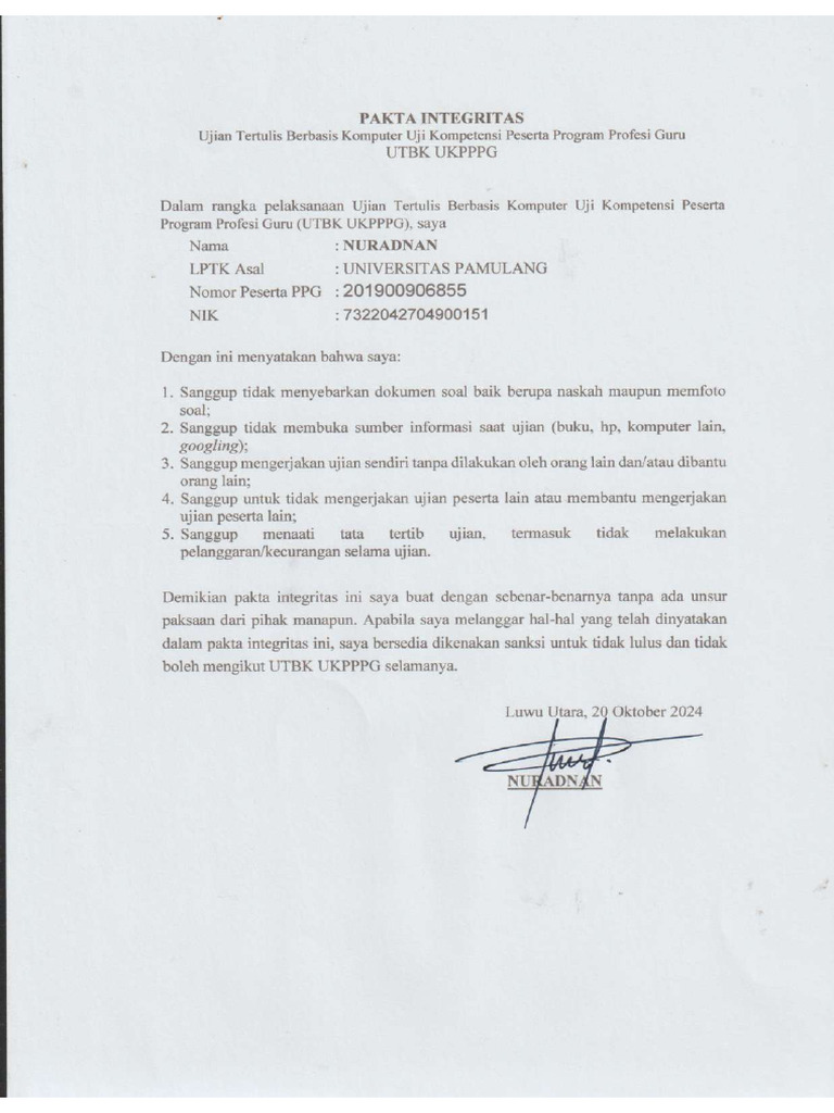 pakta integritas ppg piloting | PDF