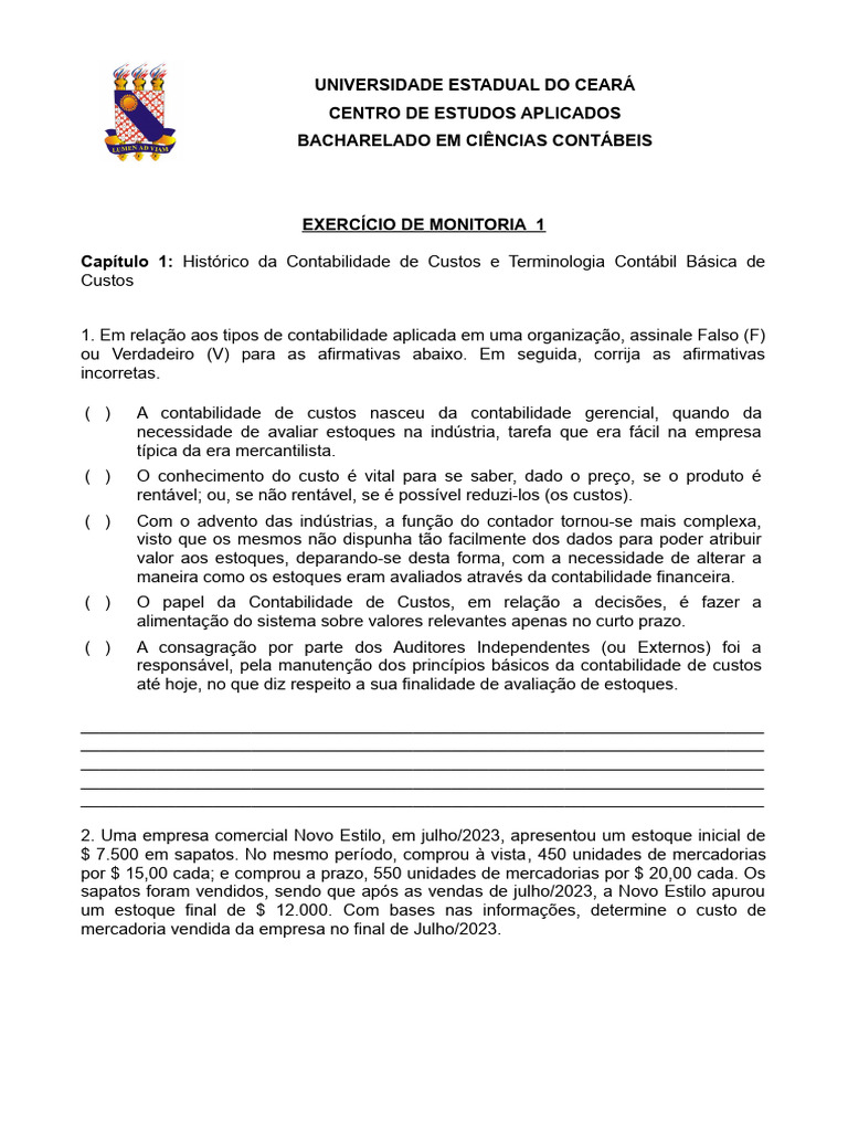 Exercício de Monitoria 1 - Histórico e Terminologia Da Contabilidade de Custos | PDF ...