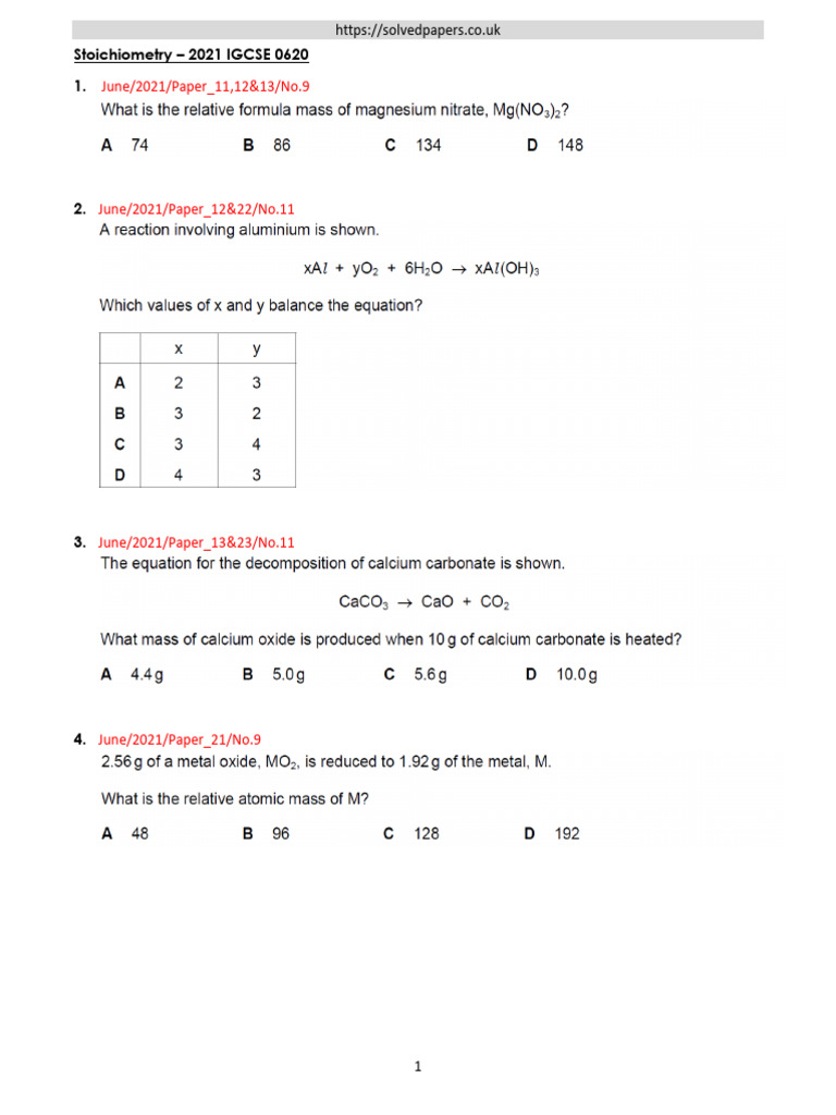 2021J Stoichiometry IGCSE | PDF | Science & Mathematics