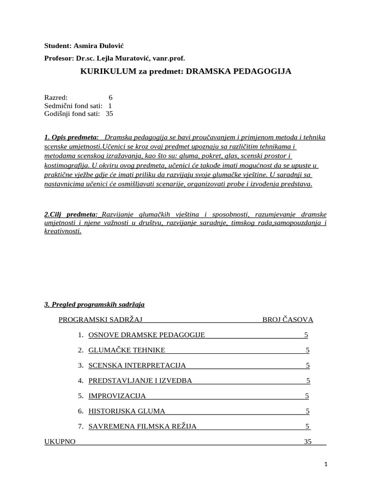 Kurikulum Za Predmet Dramska Pedagogija | PDF