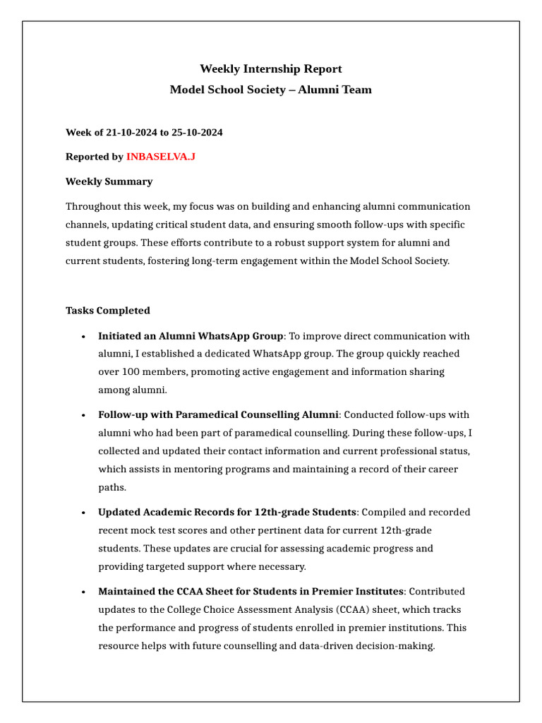 Weekly Internship Report by INBASELVA | PDF | Communication | Accuracy ...