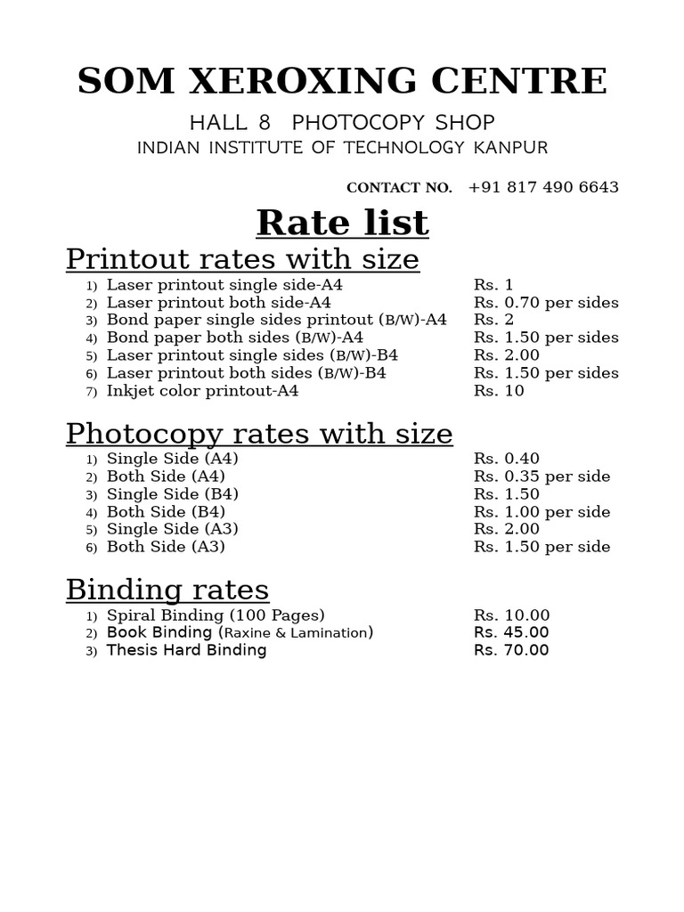 Photocopy and Printout Rate List 2024 | PDF | Home & Garden