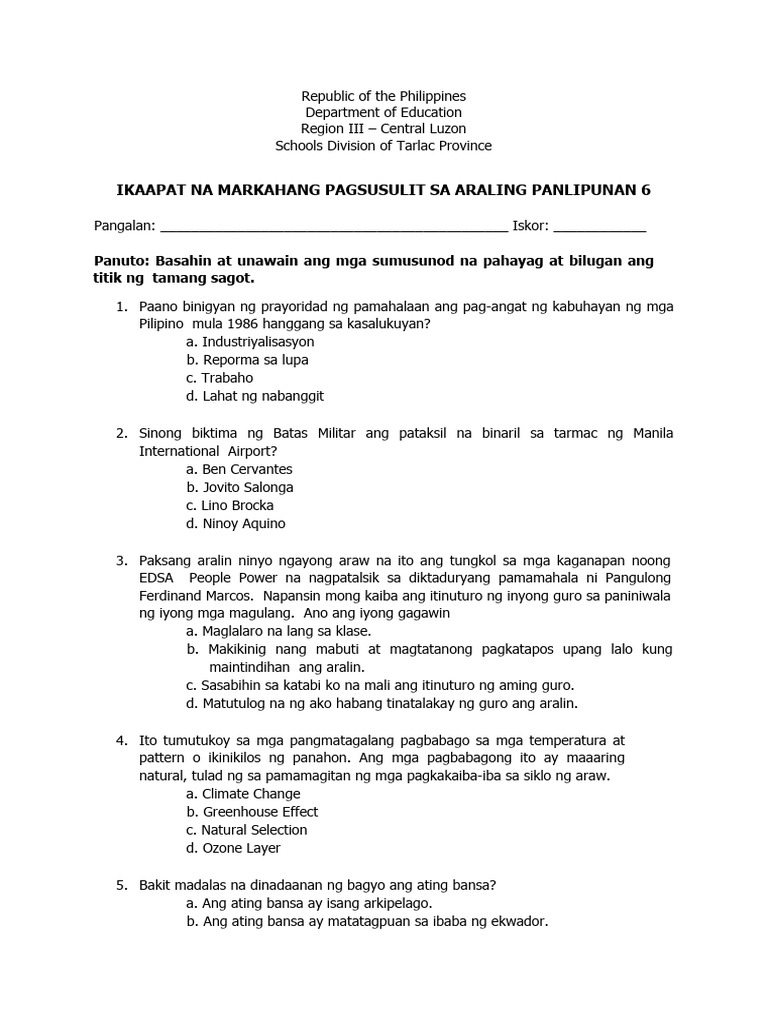 Unified Assessment 4th Quarter-AP6 | PDF