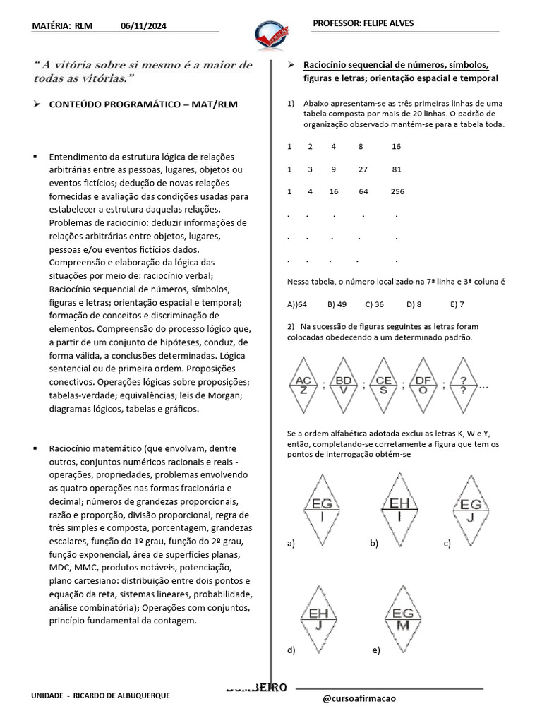 Aula Felipe Alves Mat RLM Bombeiro 06 11 2024 | PDF | Números | Sequência