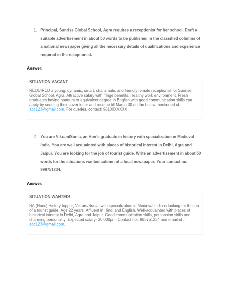 Job Advertisements for Receptionist & Guide | PDF