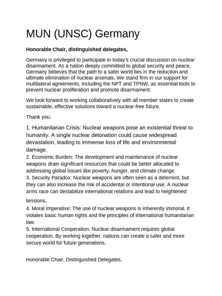 MUN (UNSC) Germany | PDF | Nuclear Disarmament | Nuclear Weapons