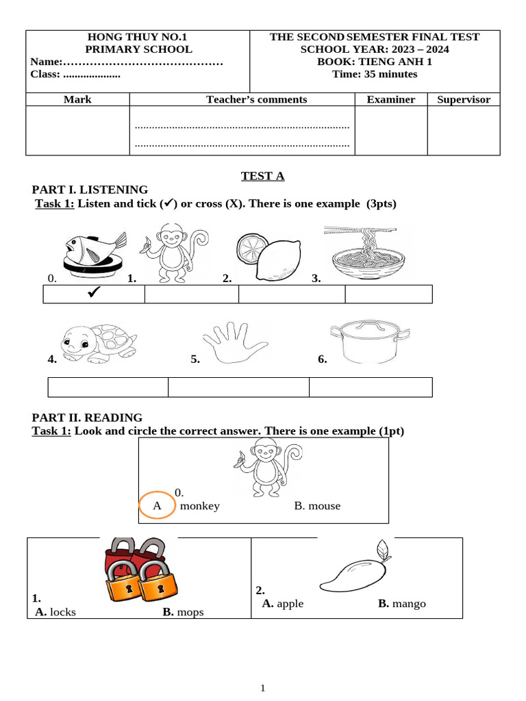 Grade 1 English Final Test 2023-2024 | PDF