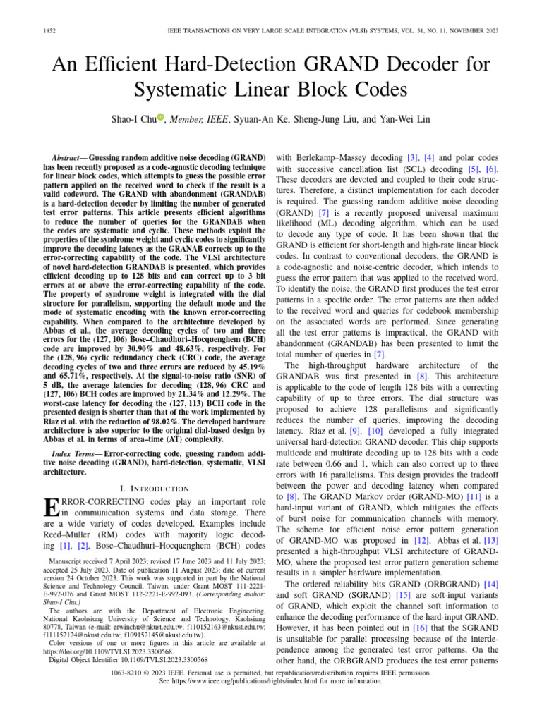 An Efficient Hard-Detection GRAND Decoder For Systematic Linear Block Codes | PDF | Algorithms ...