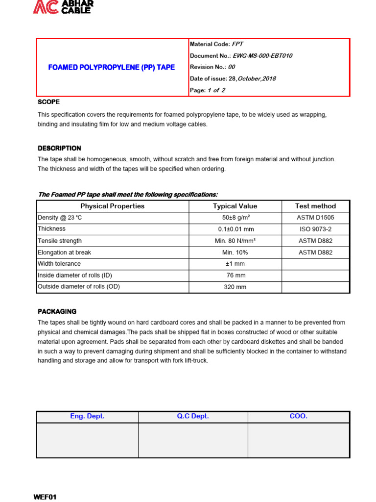 Foamed Polypropylene Tape Specification | PDF | Specification ...