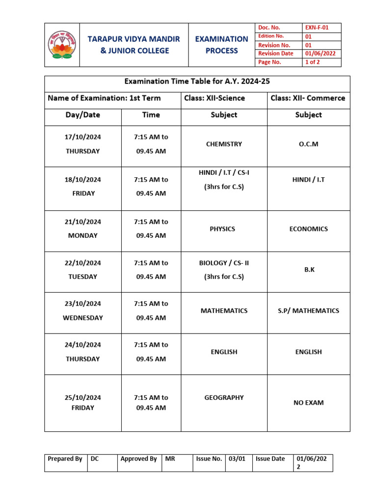 Fte-Time Table-Xii | PDF