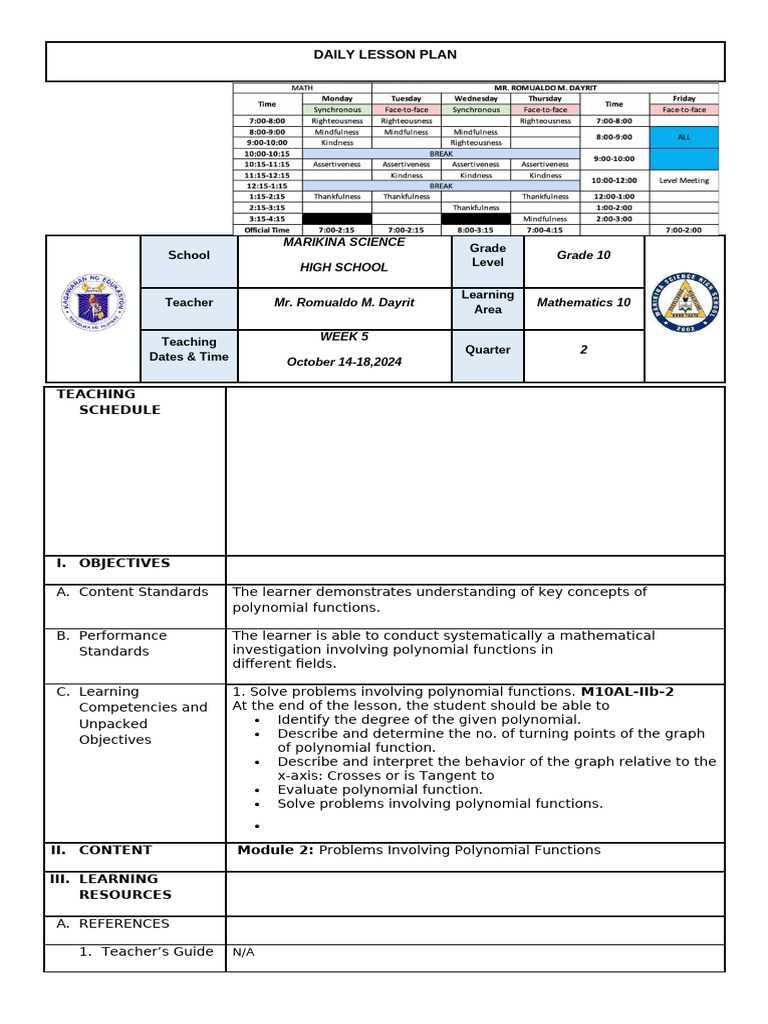 DLP - MATH 10 - Q2 - wk2 - Oct14-18 - Dayrit | PDF | Learning | Polynomial