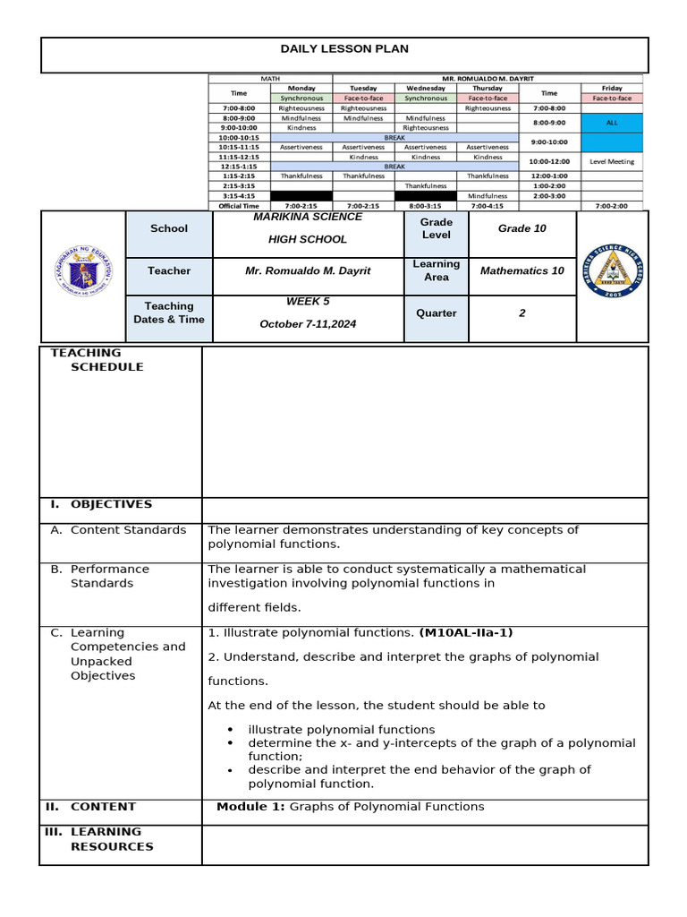 DLP - MATH 10 - Q2 - wk1 - Oct7-11 - Dayrit | PDF | Learning | Teachers