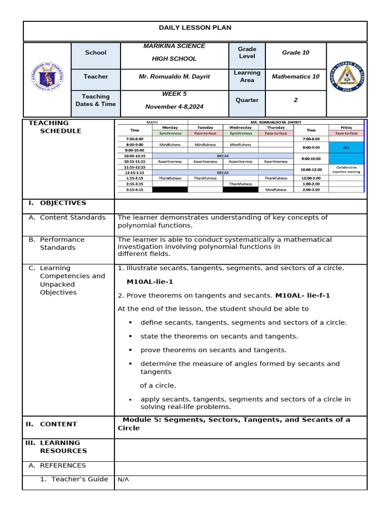 Grade 10 Math: Circles & Functions Lesson Plan | PDF | Circle | Trigonometric Functions