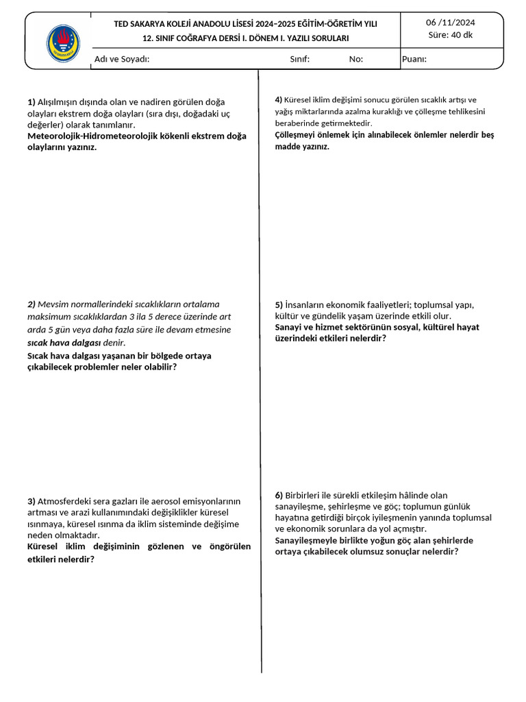 12 Sinif 1 Donem 1 Yazili 2024 2025 | PDF