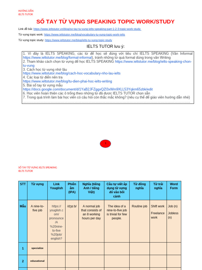 Sổ Tay Từ Vựng Speaking Topic Work - Study | PDF