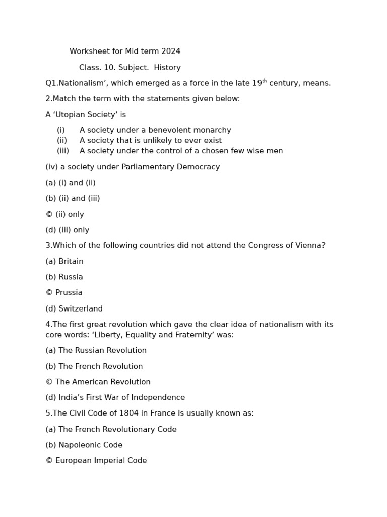 Class 10 History Midterm Worksheet 2024 | PDF | First French Empire ...