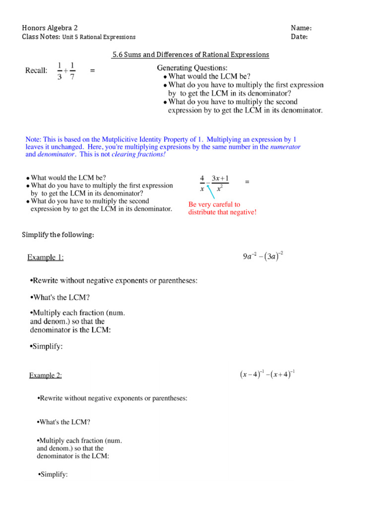 HA2 - 5.6 Sums and Differences of Rational Expressions | PDF