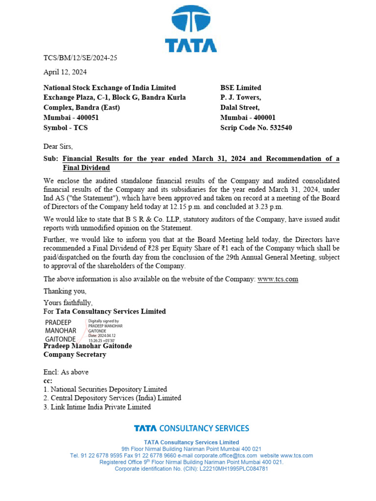 Financial Statement of Tcs | PDF | Audit | Going Concern