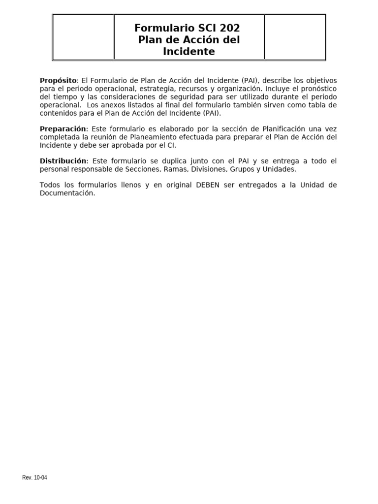 Formulario SCI 202: Plan de Acción Incidente | PDF | Planificación