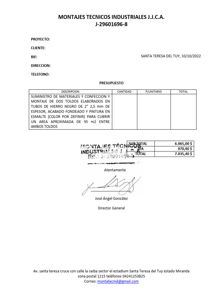 Presupuesto Suministro Confeccion E Instalacion De Dos Toldos Pdf
