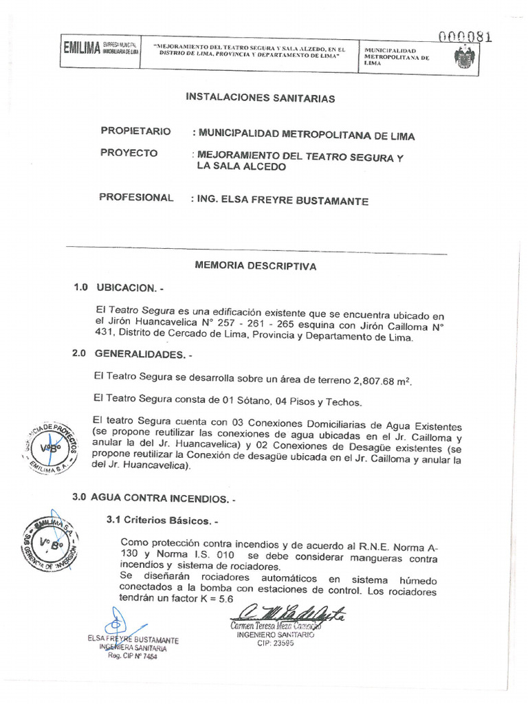 MD y EETT Instalaciones Sanitarias y Agua Contra Incendio, Teatro Segura Lima | PDF
