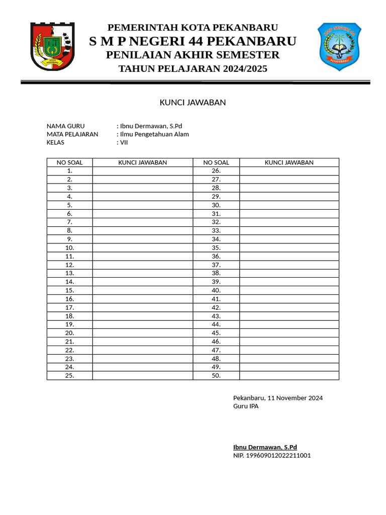 Format Kunci Jawaban Ujian Semester Ganjil Kelas Vii 2024-2025 | PDF