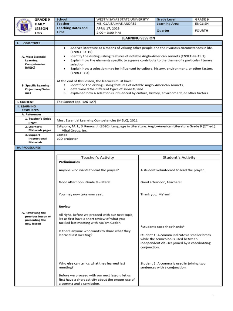 GRADE 9 - Sonnet PP. 126 127 Edited 3 | PDF | Sonnets | Poetry