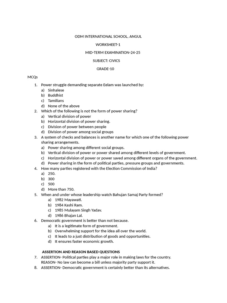WORKSHEET-1 Civics Grade 10 | PDF | Political Science | Government