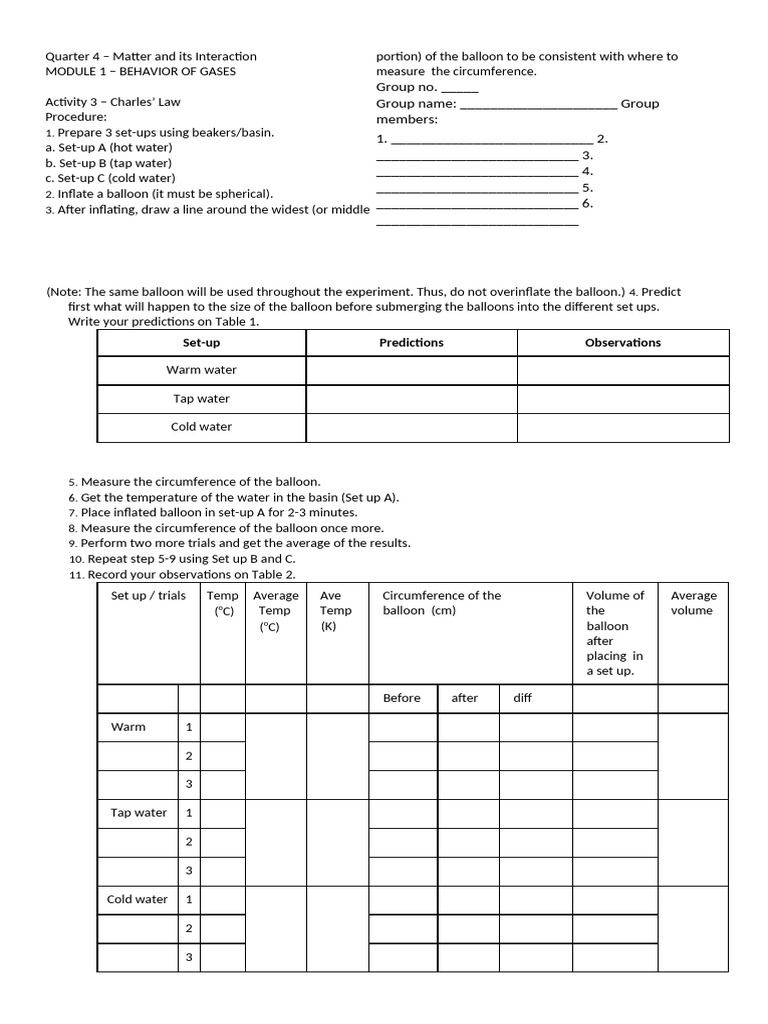 Charles' Law and Chemical Reactions Lab | PDF | Chemical Substances ...