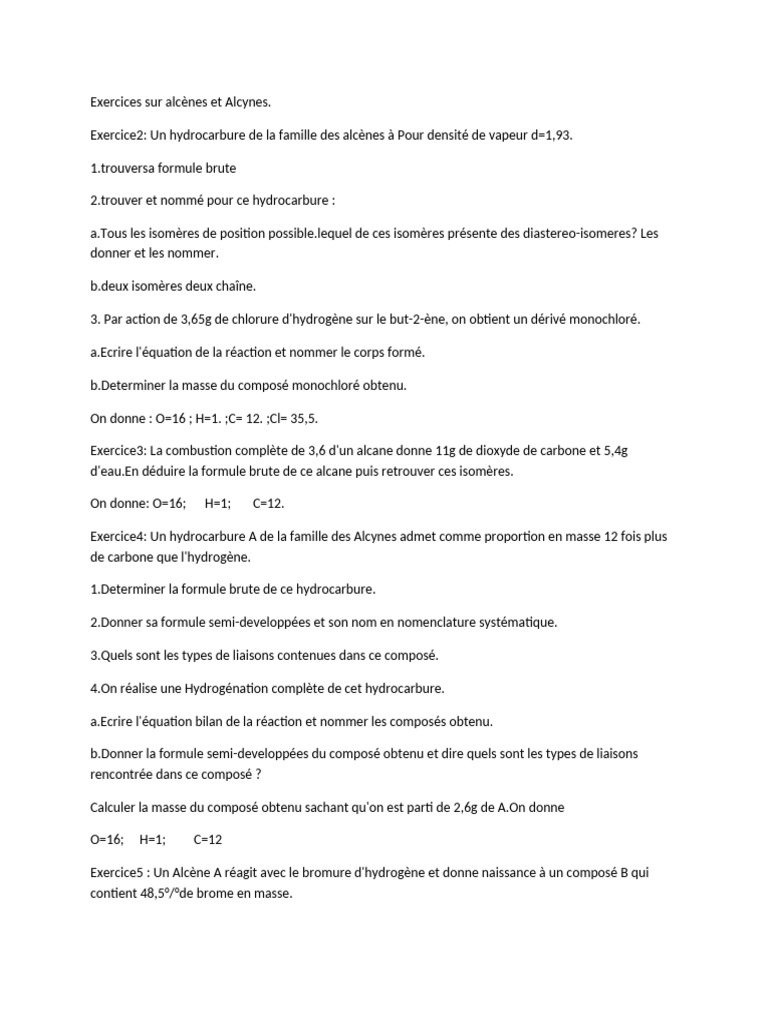 Exercices sur alcènes et alcynes | PDF