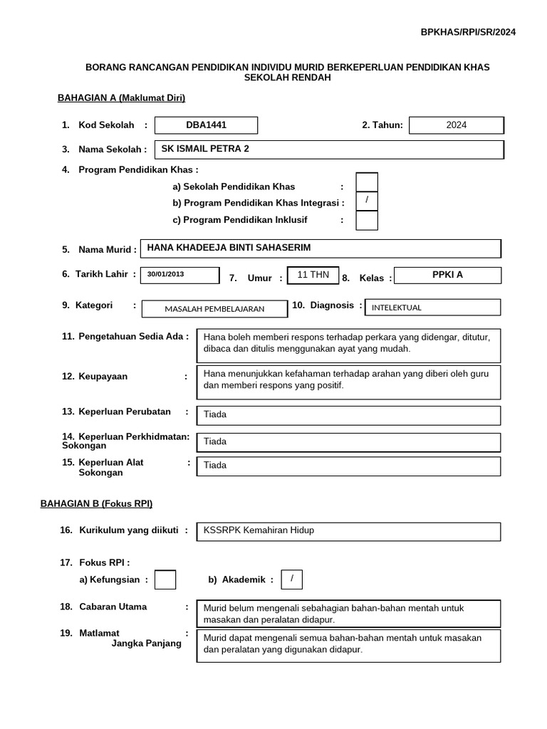 Borang Rpi-Hana Khadeeja Ppki A | PDF