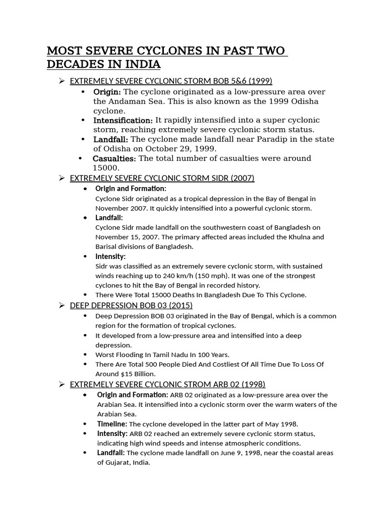 Most Severe Cyclones in Past Two Decades in India | PDF | Tropical ...
