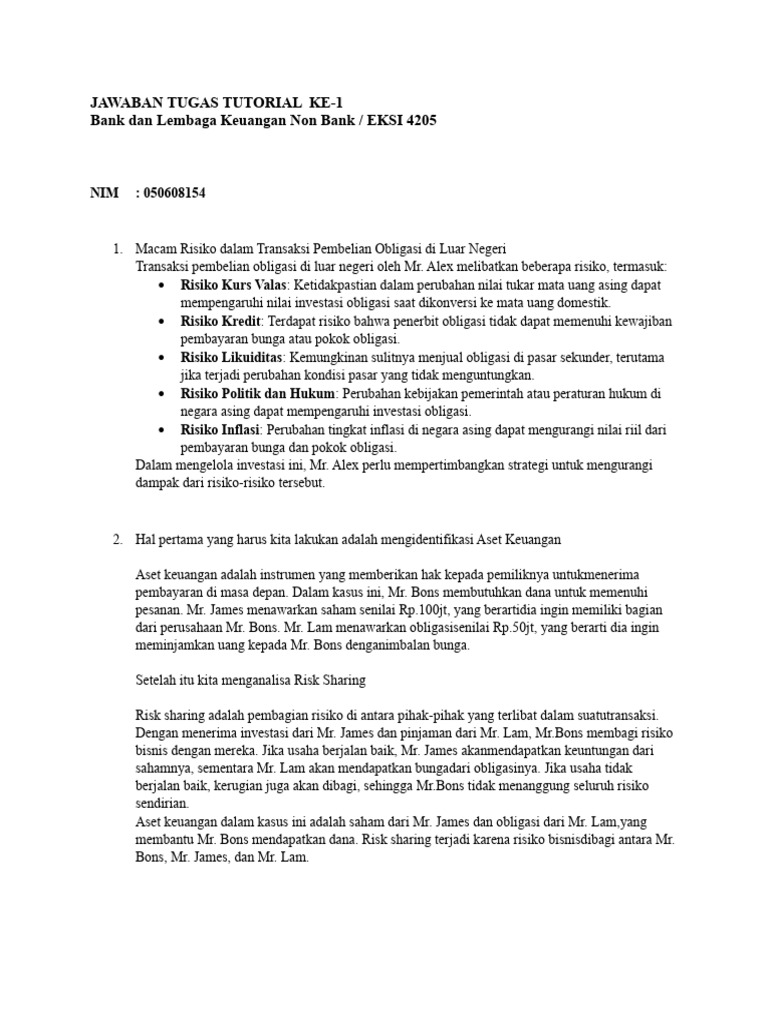Jawaban Tugas Tutorial Ke-1 Bank DN Lembaga Non Bank | PDF ...