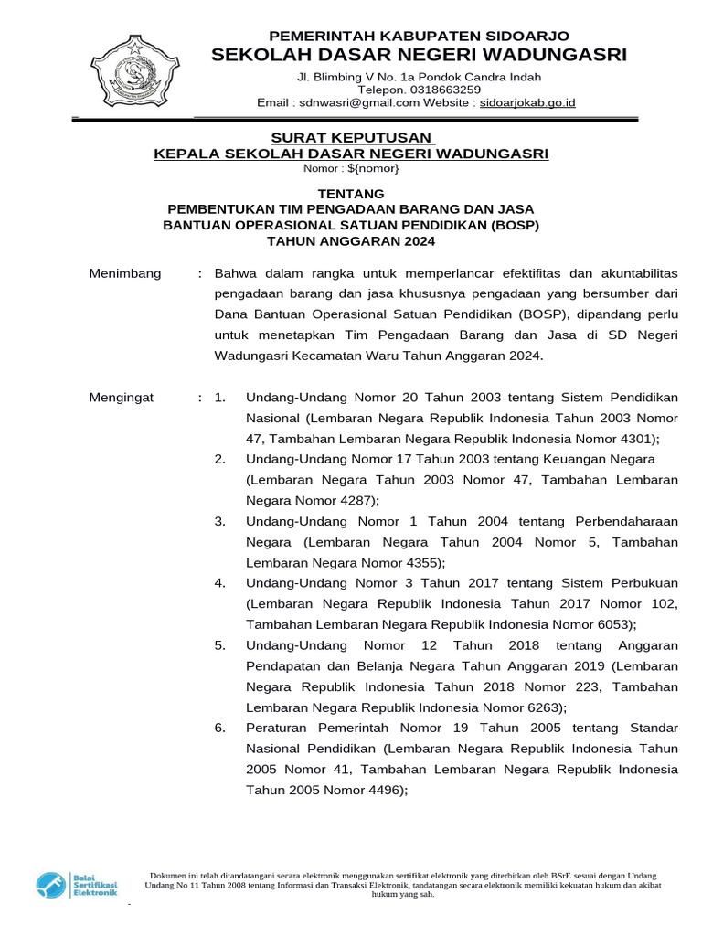 Tim Pengadaan BOSP SD Wadungasri | PDF