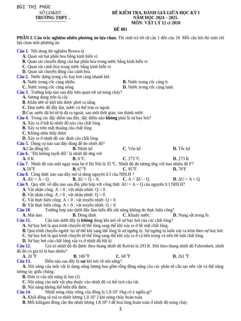 ĐỀ ÔN GK1 LÝ 12 | PDF
