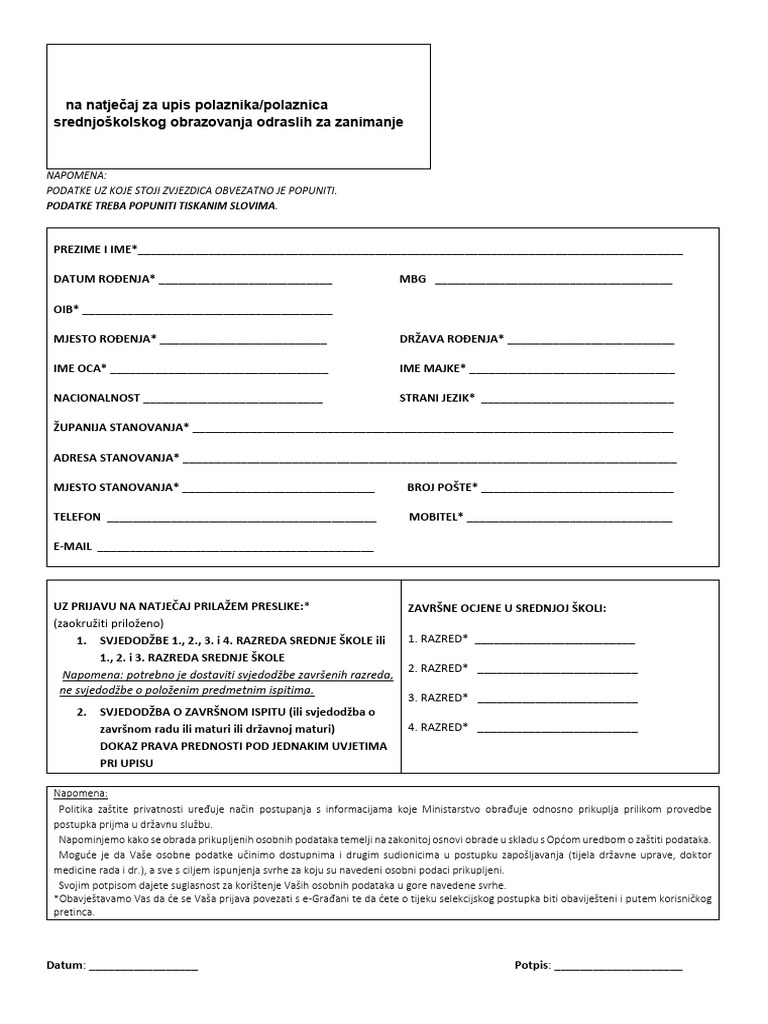 Obrazac Prijave Prekvalifikacija 2024 | PDF