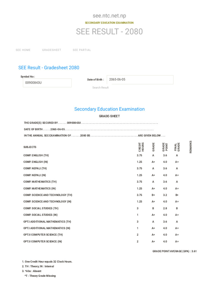SEE Result Gradesheet 2080 | PDF | Student Assessment And Evaluation ...