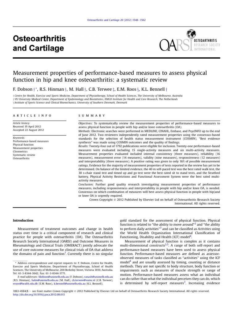 Hip and Knee OA - Measures - Systematic - Review | PDF | Validity ...