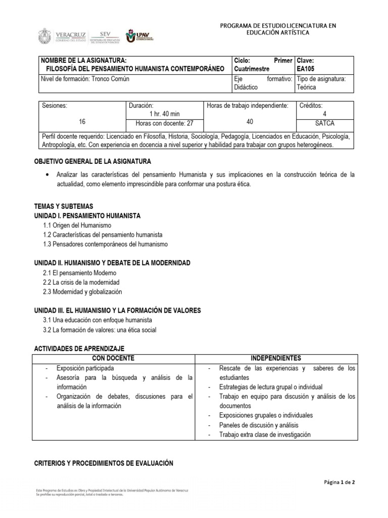 Ea105 Filosofía Del Pensamiento Humanista Contemporaneo | PDF | Maestros | Pensamiento