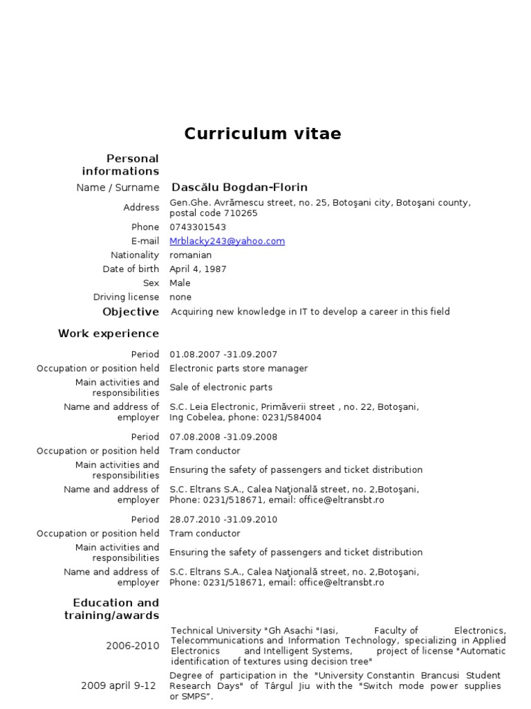 Curriculum Vitae of Bogdan Florin Dascălu | PDF | Graphical User ...