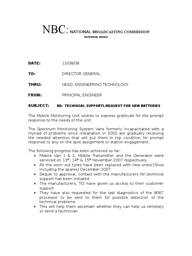 NBC Internal Memo: Battery Request & Training | PDF | Technical Support