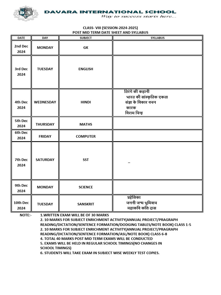 8th Class Post Mid Term Schedule 2024-25 | PDF | Linguistics | Languages