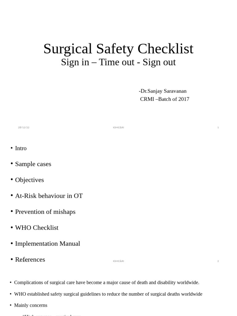 Surgical Safety Checklist | PDF | Surgery | Anesthesia