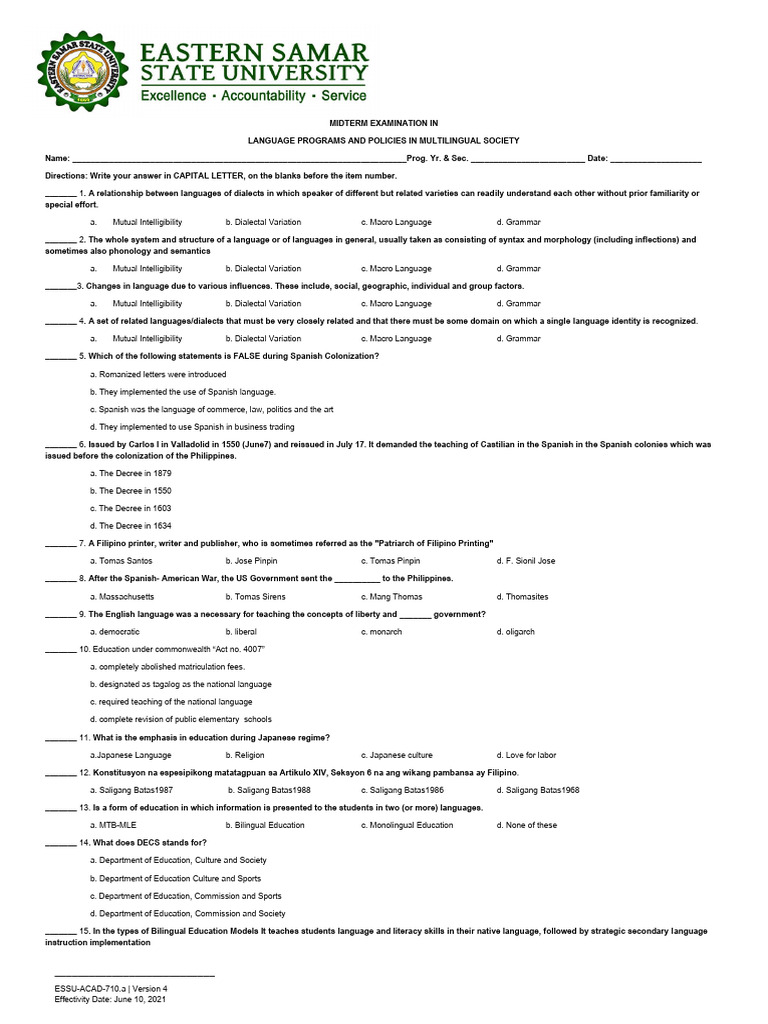 Midterm Examination-Lppms | PDF | Spanish Language | Multilingualism