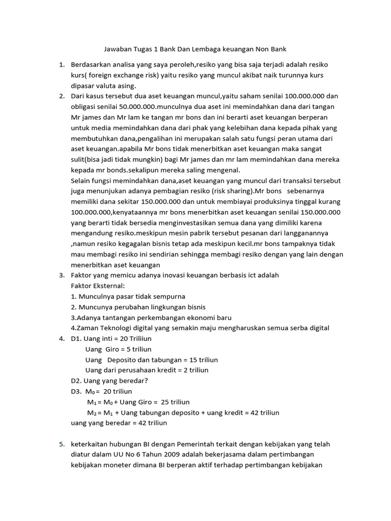 Jawaban Tugas 1 Bank Dan Lembaga Keuangan Non Bank (1) 1 | PDF | Pengelolaan Keuangan & Uang ...