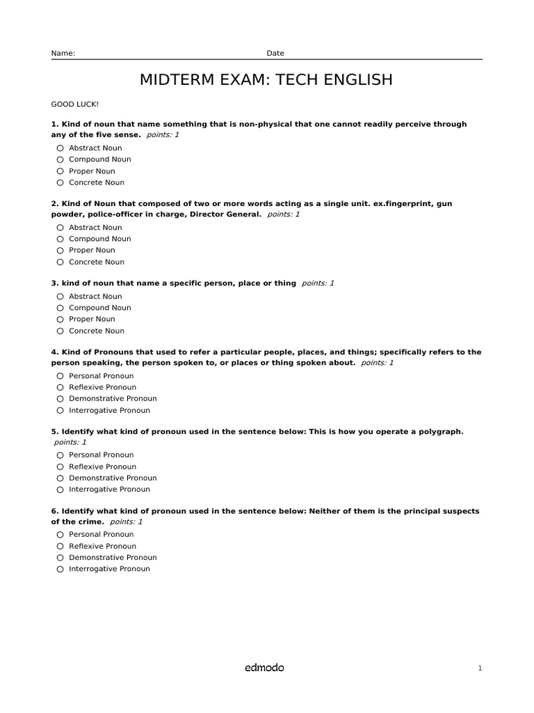Tech English Midterm Exam Questions | PDF | Pronoun | Noun