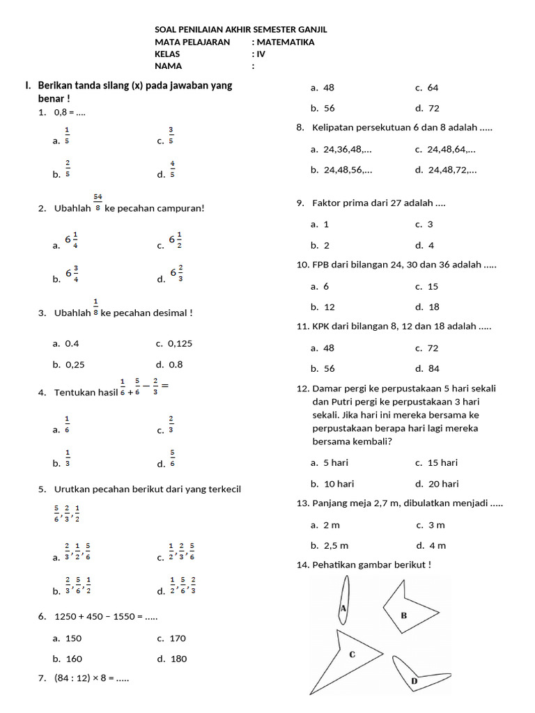 Soal PAS MTK Kelas 4 | PDF